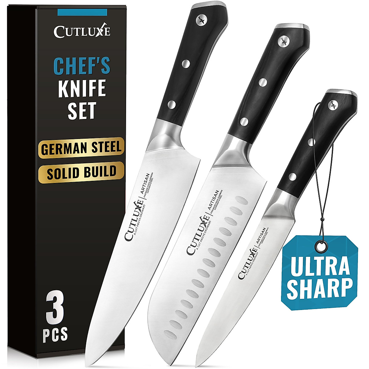 Cutluxe Chef Knife Set, 3 PCS Professional Chef's Knife Set – Razor Sharp German Steel, Full Tang, Ergonomic Handles - Artisan Series