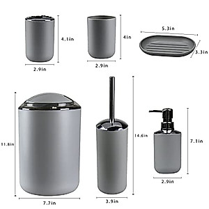 IMAVO Bathroom Accessories Set, 6-Piece Plastic Gift Set, Toothbrush Holder, Toothbrush Cup, Soap Dispenser, Soap Dish, Toilet Brush Holder, Trash Can (Grey)