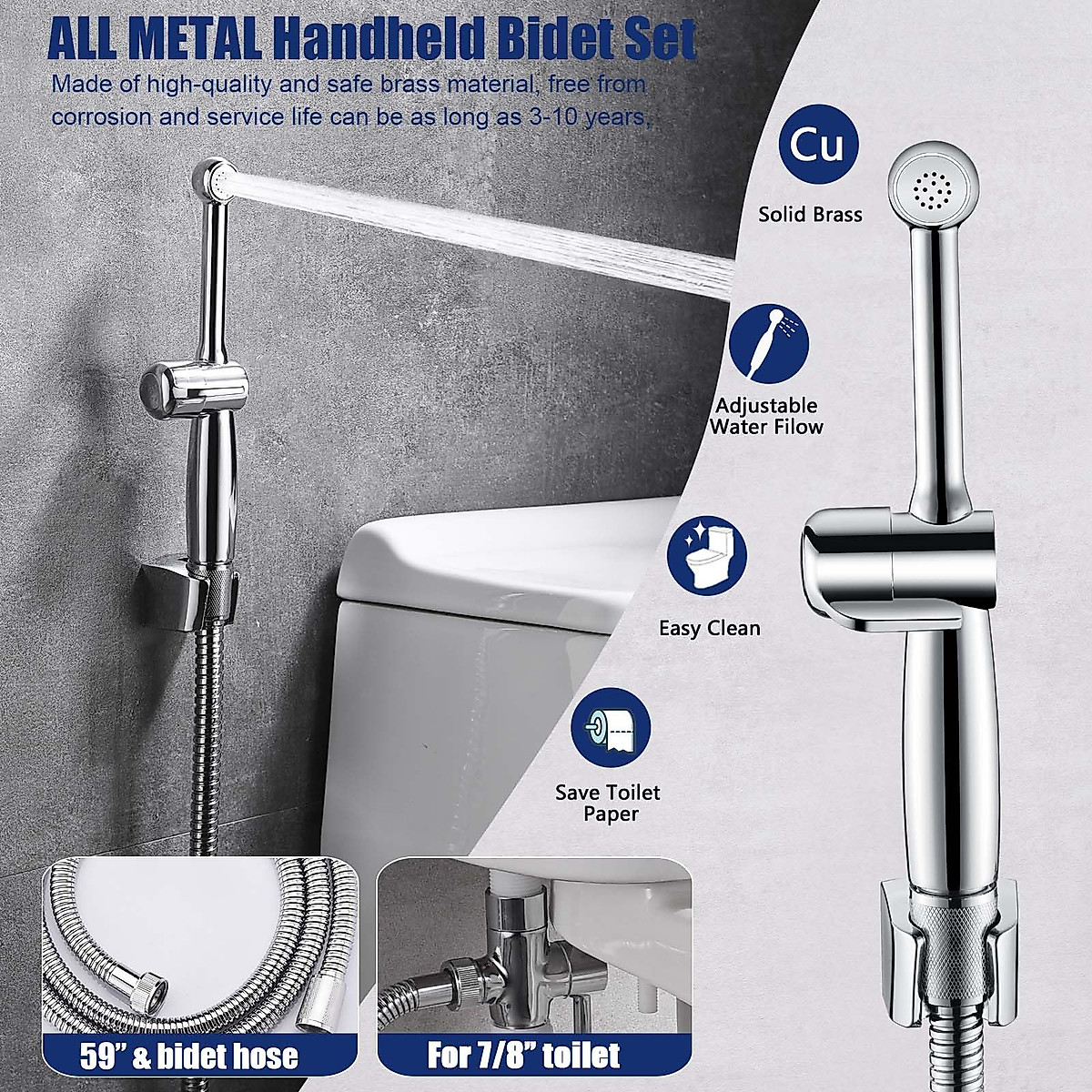 SonTiy Handheld Bidet Sprayer for Toilet, Hand Held Bidet Attachment, Adjustable Water Jet Spray for Toilet with Backflow Preventer, Brass 7.9" Bidet Wand, All Metal Cloth Diaper Toilet Sprayer