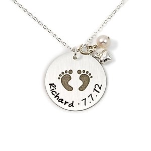 Baby Footprint Personalized Sterling Silver Name Necklace. Customize with Child's Name, Date or Special Wording, Engraved with Solid Baby Feet. Choice of Sterling Silver Chain. Gifts for Her, New Mom