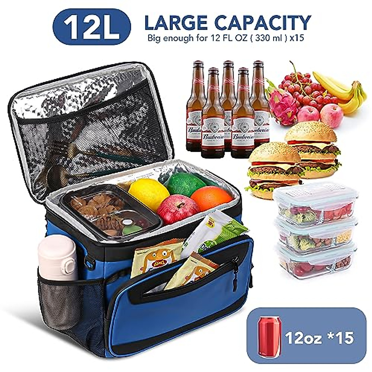 CYANB Lunch Bag for Men Women Insulated Cooler for Work tourit Fishing Picnic Blue