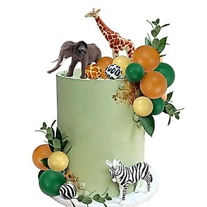 24 PCS Realistic Safari Jungle Animal Cake Toppers with Colorful Balls Cake Decorations for Wild Themed Birthday Oh Baby Party Supplies (Green Yellow)
