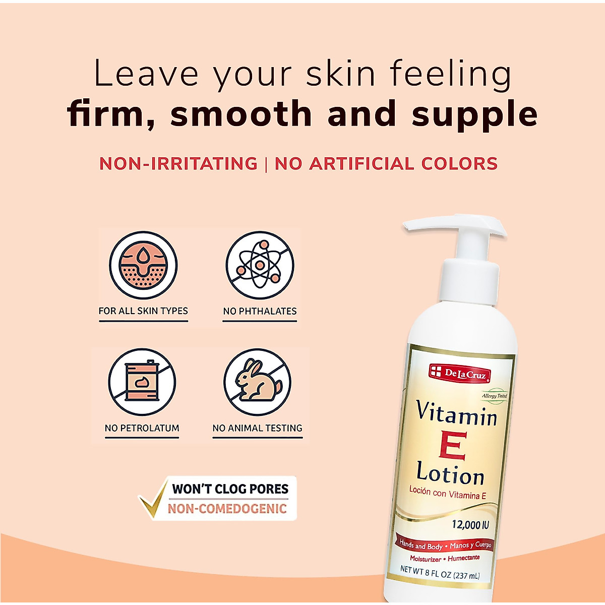 De La Cruz Vitamin E Lotion for Dry Skin with 12,000 IU - Moisturizing Body Lotion for All Skin Types - Made in USA, 8 FL OZ.