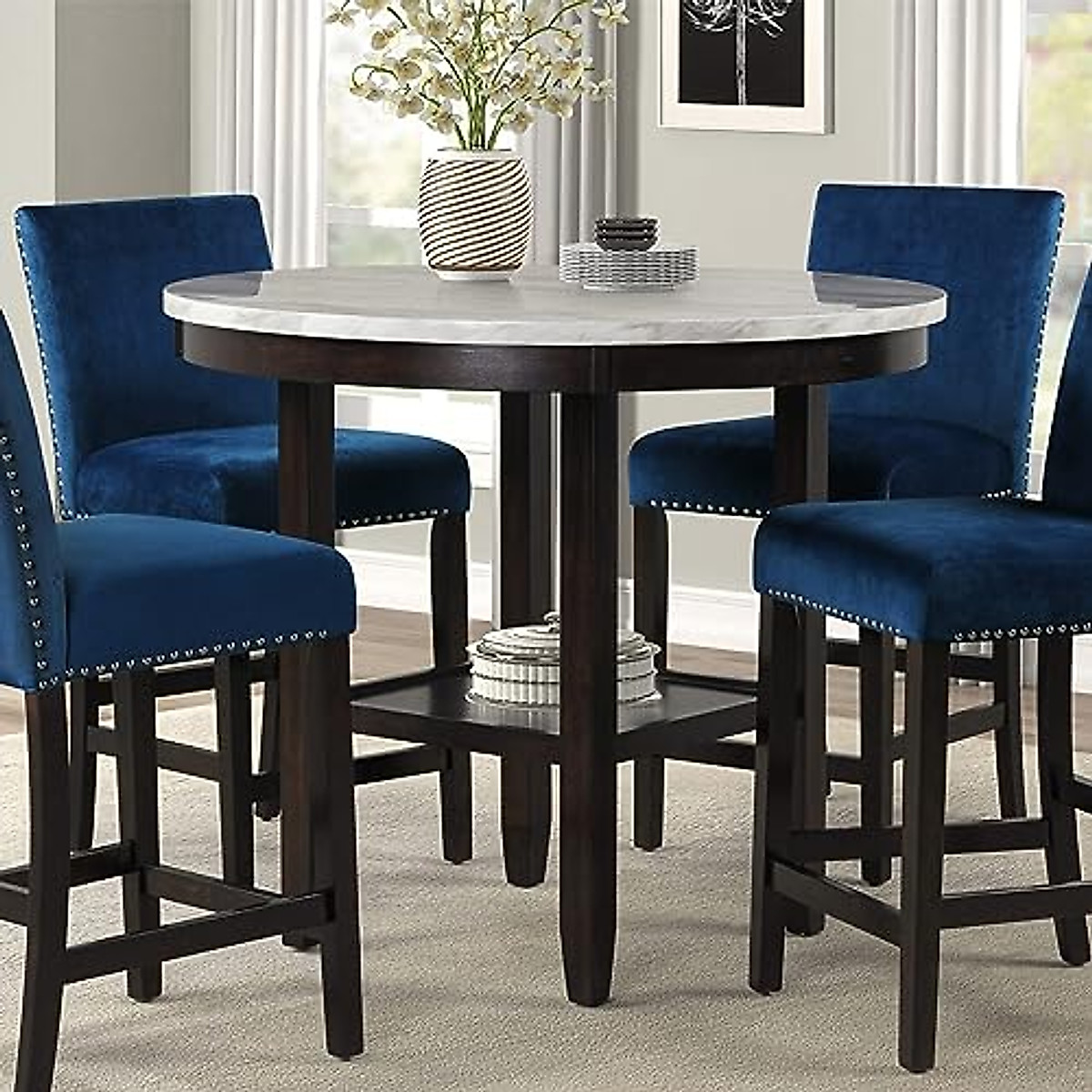 New Classic Furniture Celeste 5-Piece Faux Marble Round Counter Set with 1 Table and 4 Chairs, 42-Inch, Black