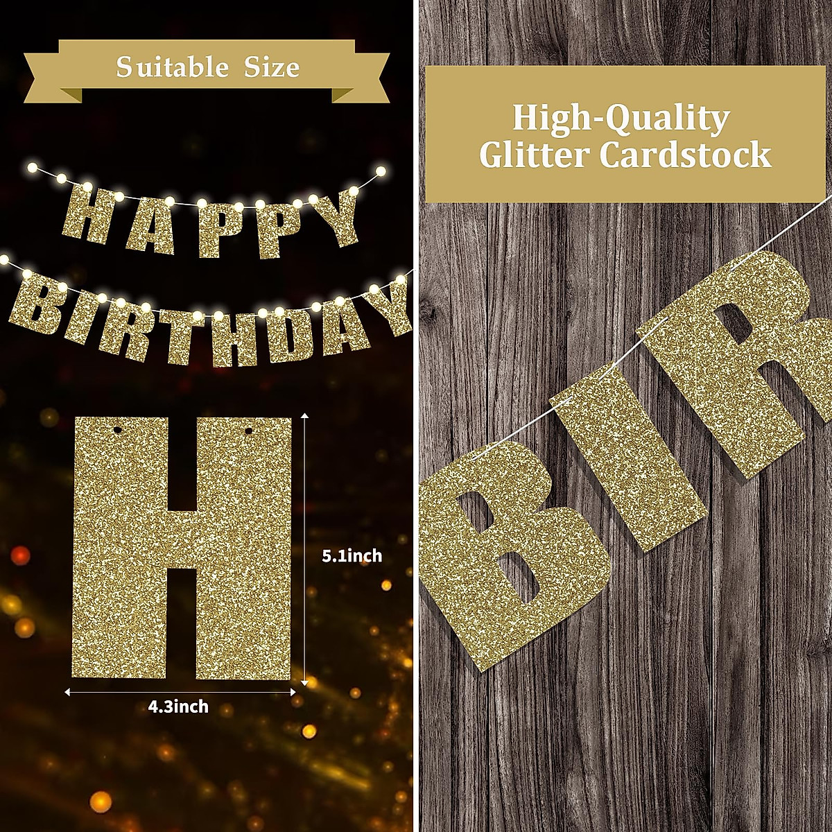 RUBFAC 72pcs DIY Happy Birthday Letters Banner Kit, Glitter Customizable Banner Kit Including 67 Letters and Numbers 3 Rope and 2 Lights, Personalized Banner Wall Decor for Birthday Party