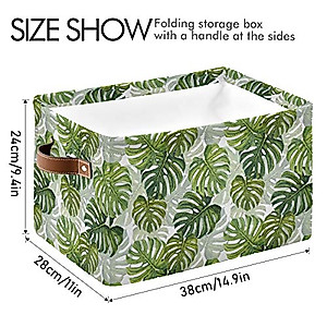 senya Large Foldable Storage Basket, Tropical Pattern Green Leaves Fabric Storage Bin Organizer Bag with Handles 15 x 11 x 9.5 inch