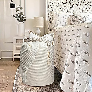 TIMEYARD Large Woven Baskets for Storage, 16'' x 20'' Tall Rope Basket with Handle for Blankets Toy Baskets Storage Kids, Nursery Laundry Baskets for Clothes Pillows Towel, White