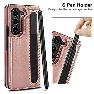 Case for Samsung Galaxy Z Fold 5, with S Pen Holder & Card Slot, Leather Flip Cover,Pink