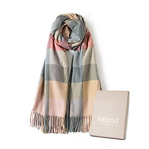 Villand Women's Wool Scarf - Cashmere Feel Winter Warm Checked Scarves for Women, Large Soft Thick Shawls and Wraps with Gift Box (Lilac Check)