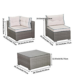 Asifom 5 Piece 4 Seats Outdoor Patio Furniture Sets, Garden Conversation Wicker Sofa Set, Patio Sectional Furniture Sofa Set, with Coffee Table and Cushion for Lawn, Backyard, and Poolside