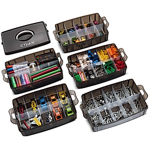 LifeSmart USA Stackable Storage Container Black 50 Adjustable Compartments Compatible with Lego Dimensions LOL Surprise Littlest Pet Shop Arts and Crafts and More (5 Tier)