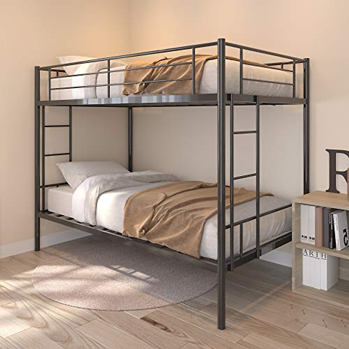 Olela Twin Over Twin Metal Bunk Beds,Heavy Duty Steel Bed Frame with Safety Rail and 2 Ladders for Boys Girls Adults Dormitory Bedroom,No Box Spring Needed,Black