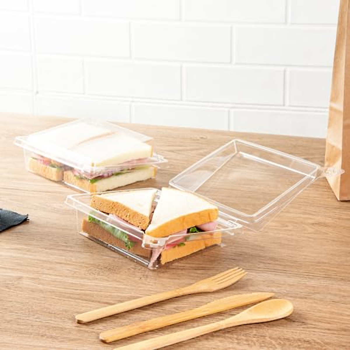 Restaurantware Tamper Tek 6.8 x 5.7 x 1.7 Inch Rectangle Take Out Containers 100 Durable Sandwich To-Go Containers - Tamper-Evident Freezable Clear Plastic Sandwich Containers With Hinged Lids