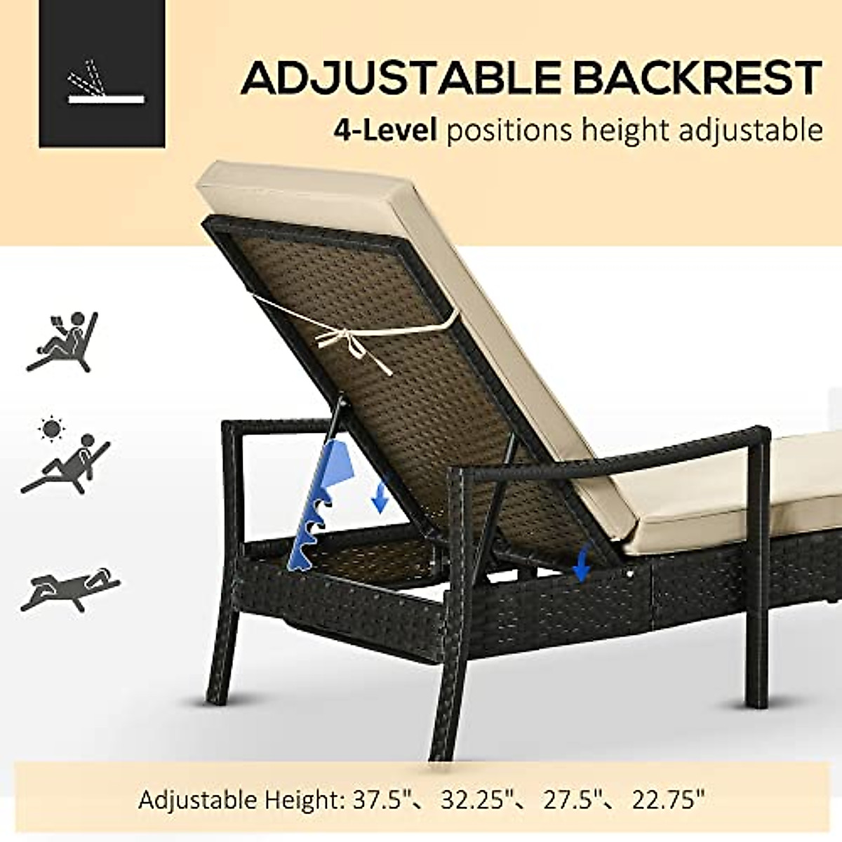 Outsunny Wicker Chaise Lounge, 4 Position Adjustable Backrest and Cushions Outdoor Lounge Chair PE Rattan Sun Lounger for Poolside, Balcony or Garden, Beige