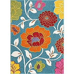 Well Woven Modern Rug Daisy Flowers Blue 3'3" x 5' Floral Accent Area Rug Entry Way Bright Kids Room Kitchen Bedroom Carpet Bathroom Soft Durable Area Rug