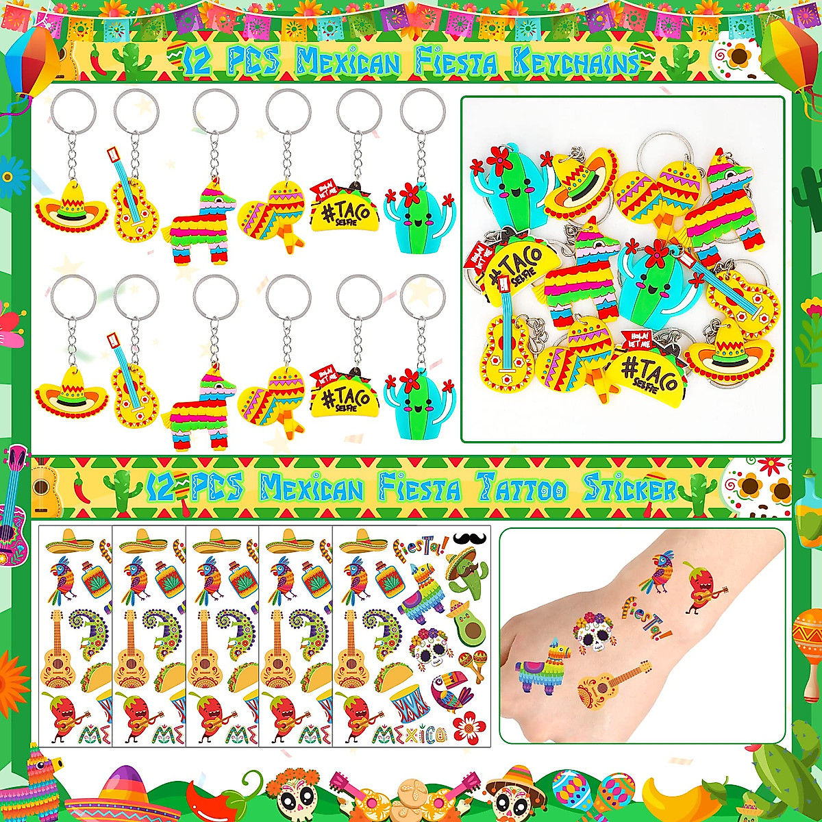 Erweicet Fiesta Party Favors 84 PCS Fiesta Mexican Theme Slap Bracelets DIY Stickers Tattoo Stickers Keychains Straws Gift Bags for Cinco De Mayo Theme Birthday Party Baby Shower