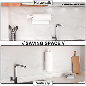 White Kitchen Roll Holder, Stainless Steel Paper Towel Holder for Kitchen, Self-Adhesive Kitchen Roll Holder Under Cabinet, Wall Mount Plastic Wrap Holder and Towel Rack