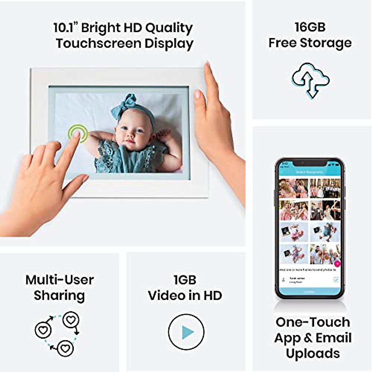 PhotoSpring 10in WiFi Digital Picture Frame, Family Can Send Photos from Anywhere via Email, App, or Web, Easy Touchscreen Setup, 1280x800 Display, Plays Videos, White