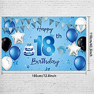 Happy 18th Birthday Backdrop Banner Extra Large Fabric Blue 18th Birthday Sign Poster Photography Background Backdrop Banner for 18th Birthday Anniversary Party Decorations Supplies, 72.8 x 43.3 Inch