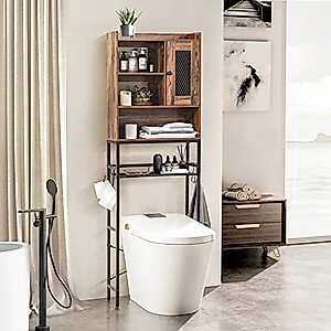 Labonida Over The Toilet Storage Cabinet - 5-Tier Freestanding Bathroom Organizer - Retro Space Saver Toilet Shelf - Multi-Function Display Shelves with Door