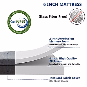 2 in 1 Twin Mattress, 6 inch Memory Foam Mattress, Medium Firm Bed Mattress with Cover, Pressure Relieving Mattress Topper for Kid/Adult (Grey)