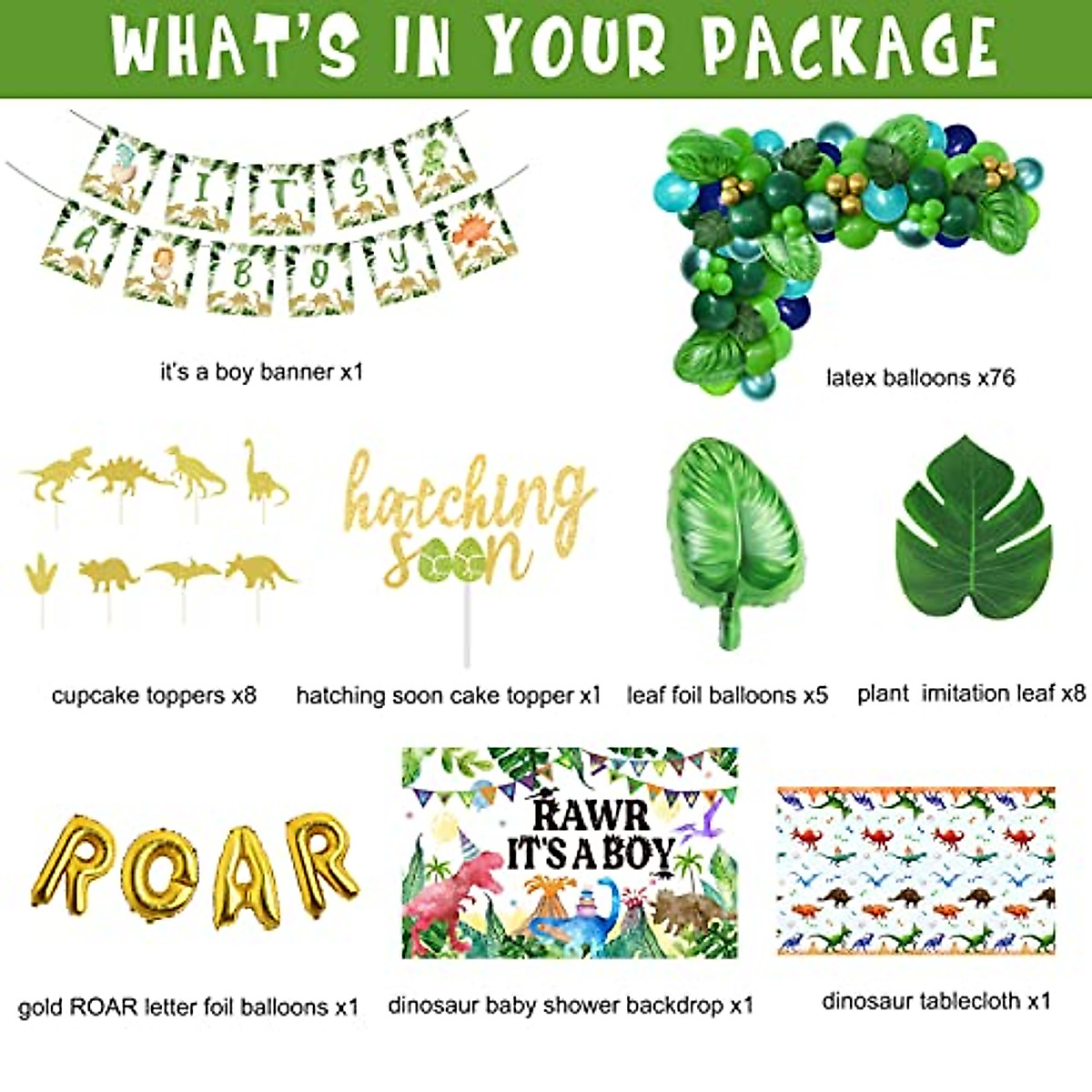 Dinosaur Baby Shower Decorations for Boy, Party Inspo Balloons Garland Arch, Table Decorations, Theme Shower, Backdrop, IT’S A BOY Banner, Hatching Soon Cake Toppers, Green