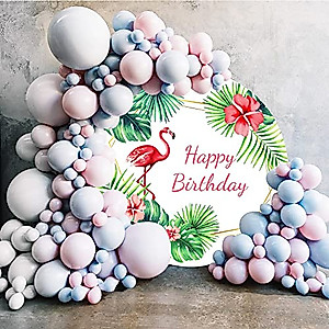 AWERT Polyester Diameter 5ft Flamingo Birthday Round Backdrop Summer Tropical Hawaiian Floral Plam Flower Photography Background Boy Girl Party Baby Shower Decorations Photo Booth Props