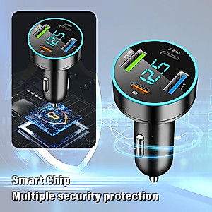 Car Charger,4-in-1 Super Fast Car Charger Adapter with Voltmeter & Blue LED,Universal PD+QC3.0+USB C Ports Car Cigarette Lighter USB Charger Compatible with iPhone Android (QC3.0+Type-C+PD+2.4A)