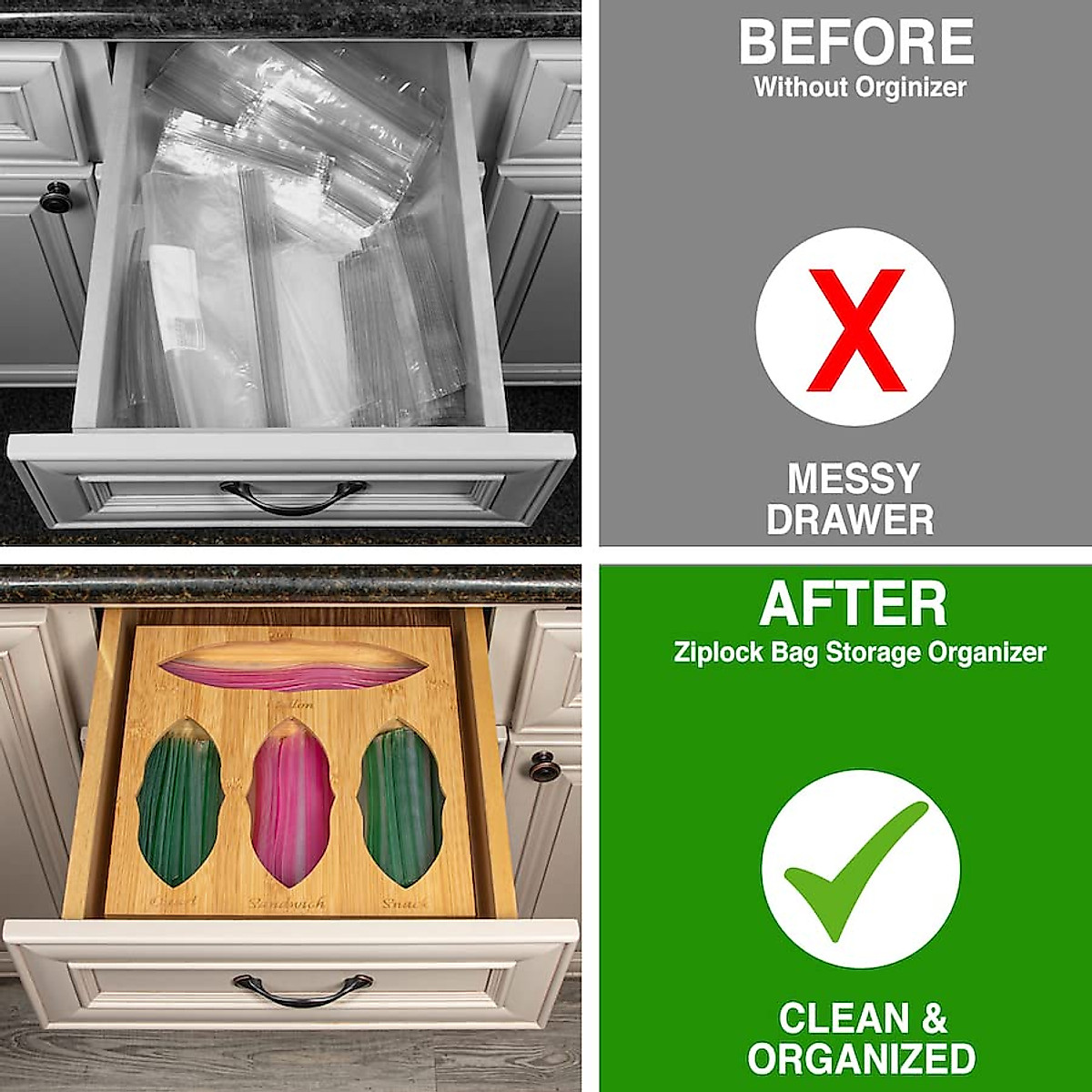 Ziplock Bag Storage Organizer, Kitchen Organization, Drawer Organizer, Magnetic, Bamboo, Unique Design