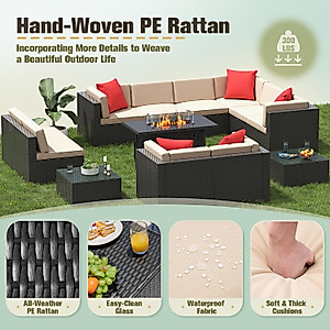 Greesum Patio Furniture 13-Pieces Outdoor PE Rattan Sectional Sofa w/43in Gas Fire Pit Table Sets 55000 BTU Add Warmth to Gatherings Parties On Deck Garden Backyard, Beige