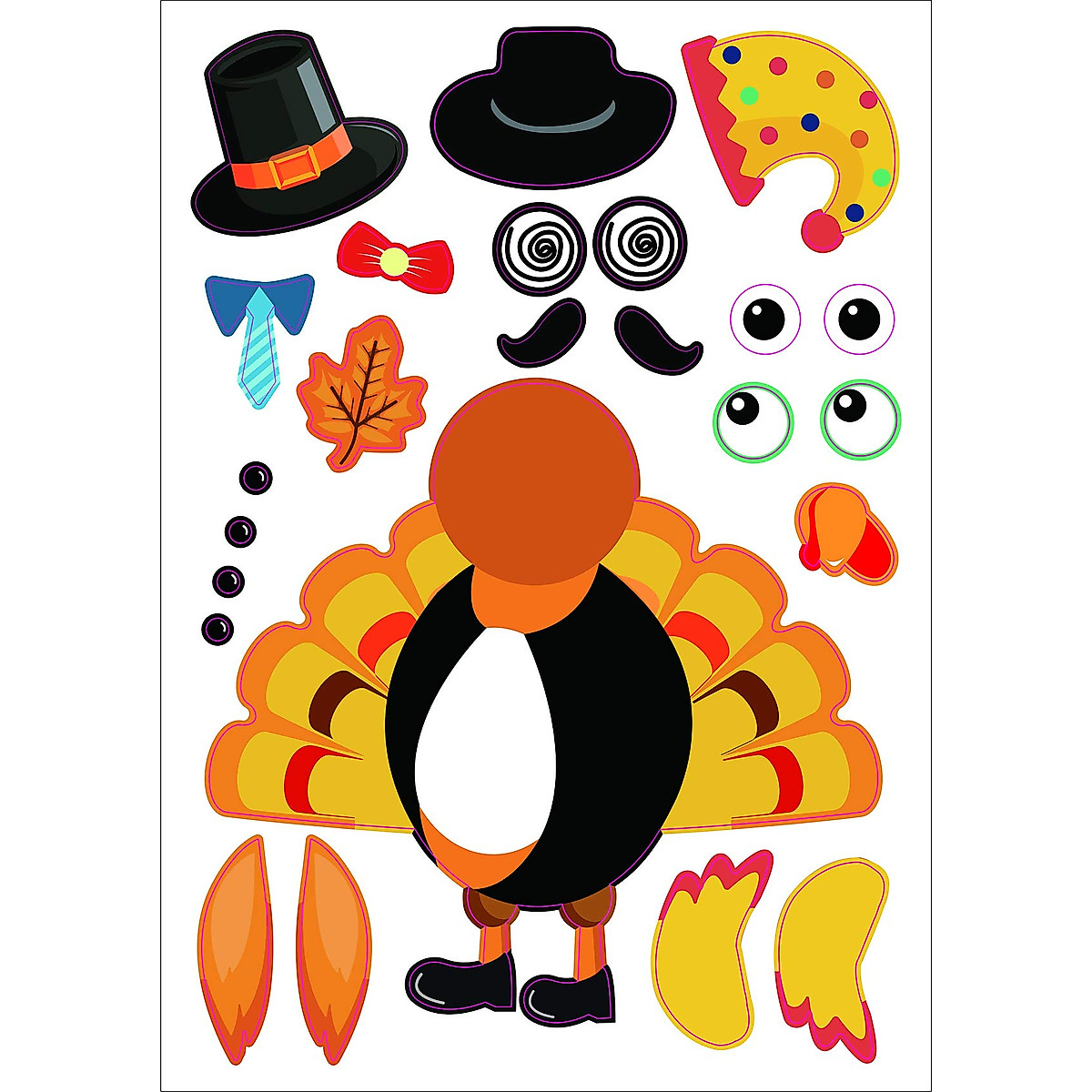 Thanksgiving Stickers 20 Sheets 13 x 9 inchi Make-A-Turkey Stickers Decals for Fall Autumn Harvest Crafts Scrapbooking Kids Party Games Favors Supplies - DIY Required