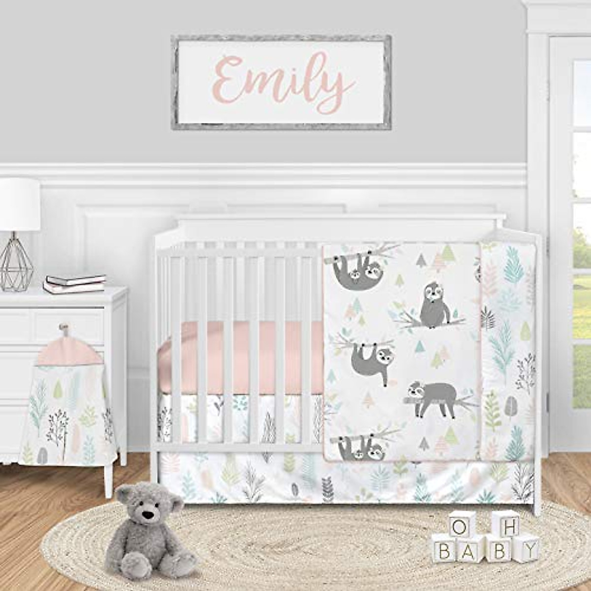 Sweet Jojo Designs Pink Tropical Leaf Foldable Fabric Storage Cube Bins Boxes Organizer Toys Kids Baby Childrens - Set of 2 - Blush Turquoise Grey Green Botanical Rainforest Jungle Sloth Collection