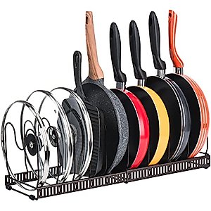 Toplife Pots and Pans Organizer Rack for Cabinet and Countertop, 10+ Pot Lids, Bakeware and Cookware Organizer Rack Holder with 10 Adjustable Compartments - Brown