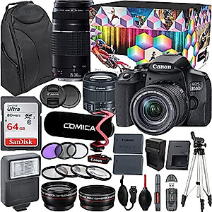 Camera Bundle for Canon EOS 850D / Rebel T8i DSLR Camera with EF-S 18-55mm f/4-5.6 is STM + EF 75-300mm f/4-5.6 III + Microphone with Video Kit Accessories (64GB, Tripod, Flash, and More)