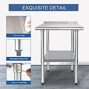 HARDURA Stainless Steel Table Prep & Work Table 24 x 30 Inches NSF Heavy Duty Commercial with Undershelf and Backsplash for Restaurant Kitchen Home and Hotel