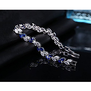 Me&Hz Blue Crystal Bracelet Silver Plated Leaf Bracelet Sapphire Birthstone Wedding Cubic Zirconia Tennis Bracelet for Women September Birthstone Bracelet Gift