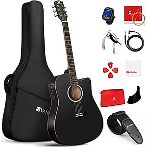 Vangoa Acoustic Electric Guitar Bundle for Beginners Adults Teens Full Size Cutaway Acoustic Guitar with Built-in Pickups, Wooden Bindings, Upgraded Starter Kit, Matte Black