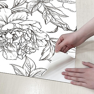 Simon&Siff Floral Linear Wallpaper Black White Peel and Stick Wallpaper Sketch Flowers 17.3 x 118 Removable Floral Wall Paper Durable Waterproof for Bedroom Bathroom Walls Cabinets Shelves