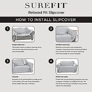 SureFit Farmhouse Basketweave Box Cushion One Piece Slipcover with Ties, Loveseat Cover, Relaxed Woven Fit, 100% Cotton, Machine Washable, Grey Color