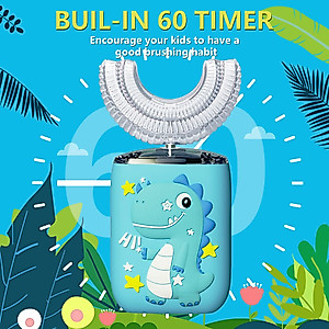 Kids U Shaped Toothbrush Dinosaur Electric Ultrasonic Automatic Brush with 6 Modes Replacement Brush Head IPX7 Waterproof Powered Smart Timer Auto Clean for Children 2-6 Years Old