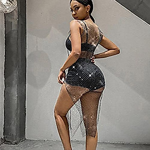 Graeen Rhinestone Mesh Body Chain Crystal Mesh Dress Fishnet Hollow Out Dress Sparkly See Through Coverups for Women (Black)
