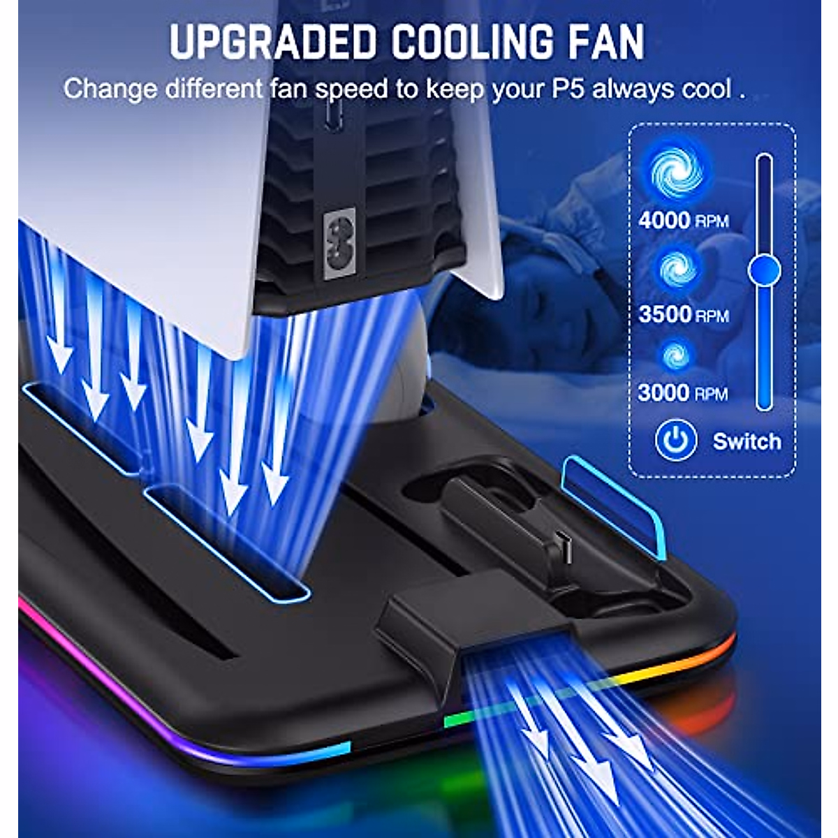 DINOSTRIKE PS5 Cooling Station with RGB Light, PS5 Stand with Cooling Fan for PS5 Disc&Digital Editions Dual Controllers Charger Station, PS5 Accessories for PS5 Console Headset Holder, 6 Game Slots