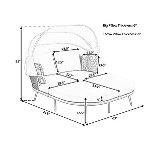 EOVTK Patio Daybed Double Chaise Lounge with Retractable Canopy, Cushions and Metal Frame, Outdoor PE Wicker Back Loveseat Sofa Set for Backyard, Poolside, Garden, Brown
