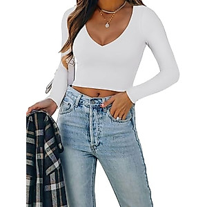 REORIA Womens Fall Sexy Casual V Neck Long Sleeve Double Lined Fitted Going Out Basic Cute Y2k Trendy T Shirts Crop Tops Tees White-Small