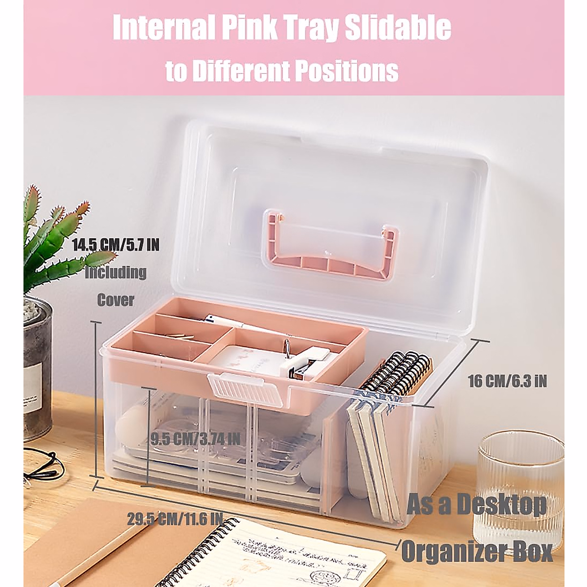 FOREVERIE Clear Plastic Office Supply Art & Craft Storage Box, Sewing Box Organiser Large with a Removable Tray & Adjustable Partition, Portable Travel Makeup Case (Clear & pink)