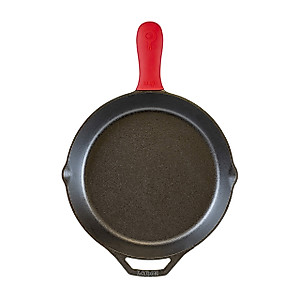 Lodge Pre-Seasoned Cast Iron Skillet with Assist Handle Holder, 12", Red Silicone & Tempered Glass Lid (12 Inch) – Fits 12 Inch Cast Iron Skillets and 7 Quart Dutch Ovens