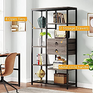 LITTLE TREE Reversible Bookshelf with 2 Drawers, 5 Tier Tall Bookcases Wood Open Bookshelves Display Book Shelf Decorative Storage Shelves for Living Room Bedroom, Black Rustic Gray