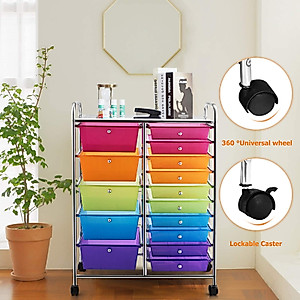 Giantex 15-Drawers Rolling Storage Cart, Mobile Book Paper Organizer Utility Trolley with Wheels, Ideal for School, Office, Home (Rainbow)