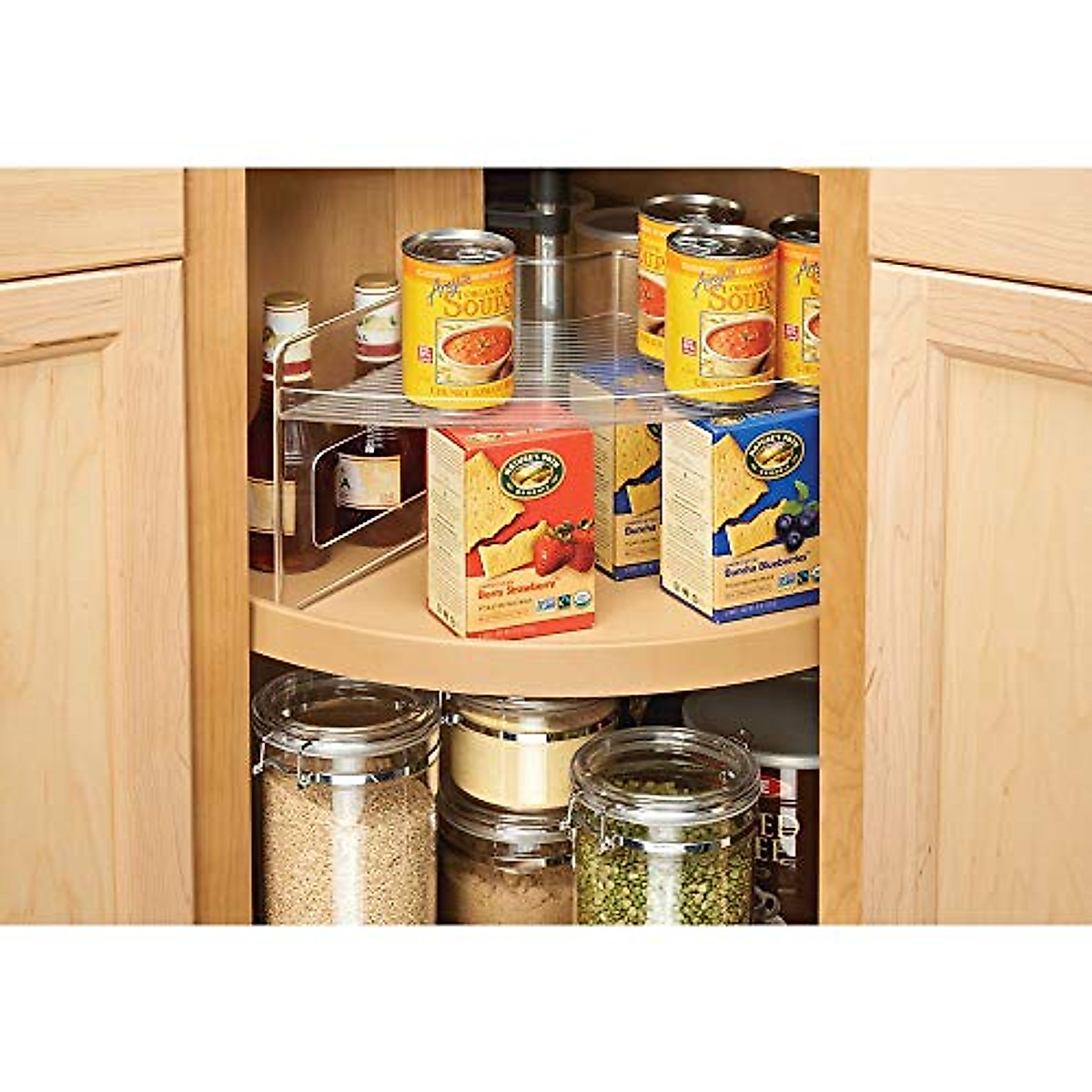 mDesign Plastic Kitchen Cabinet Lazy Susan Food Storage Organizer Raised Shelf Tray - 2 Tier, Pie-Shaped, 1/4 Wedge - Organize Soup Cans, Pasta, Tea, Coffee, Spices, Jars, Bottles, Boxes - Clear