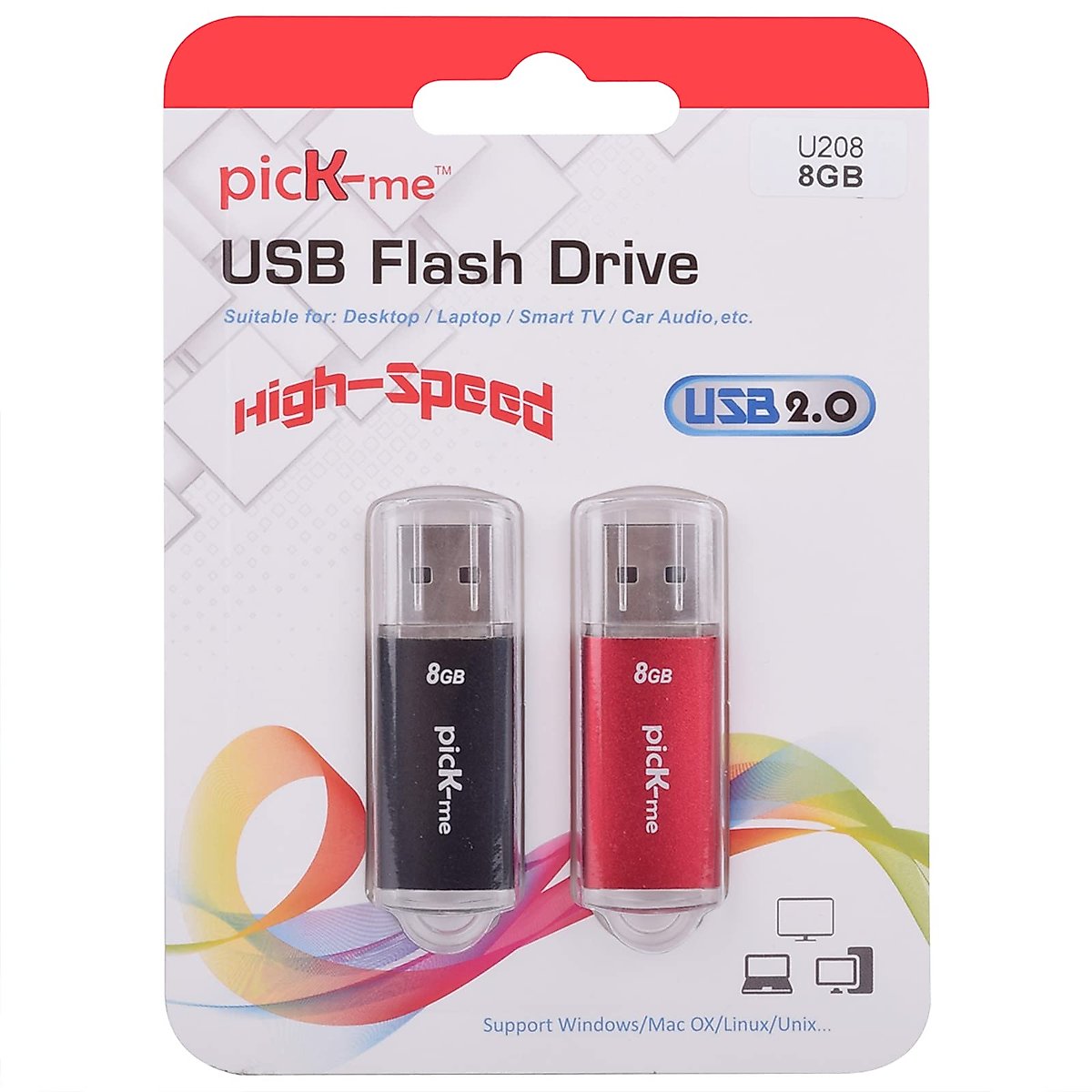 picK-me USB2.0 Flash Drive, 2 PCS USB Memory Stick Drives Bulk, for Data Storage and Share, for Desktop/Laptop/Smart TV/Car Audio etc (8GB)